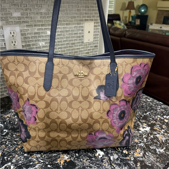 Coach | Bags | Coach X Kaffe Collaboration Tan Tote With Purple Floral ...
